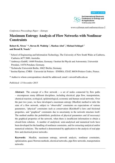 Pdf Maximum Entropy Analysis Of Flow Networks With Nonlinear Constraints