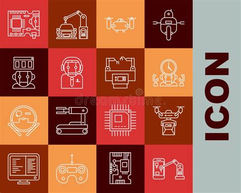 Set Line Industrial Machine Robotic Robot Arm Hand Drone Delivery Concept Robot Digital Time