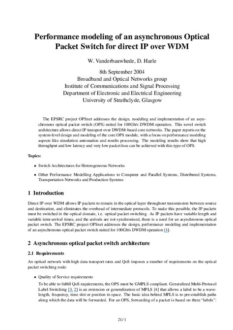 Pdf Performance Modeling Of An Asynchronous Optical Packet Switch For Direct Ip Over Wdm