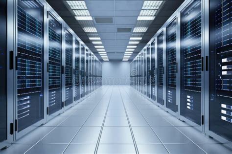 data center with rows of servers each in its own cabinet stock image