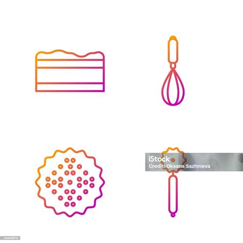 세트 라인 피자 나이프 크래커 비스킷 브라우니 초콜릿 케이크와 주방 거품기 그라데이션 색상 아이콘입니다 벡터 그라데이션에 대한 스톡 벡터 아트 및 기타 이미지 Istock