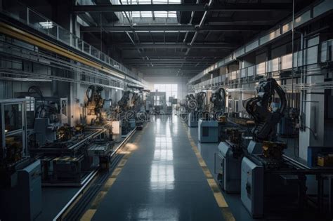 a factory floor of the future with robots and machines performing