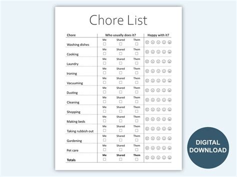 Chore Chart For Adults Printable And Editable Pdf Chore List Etsy