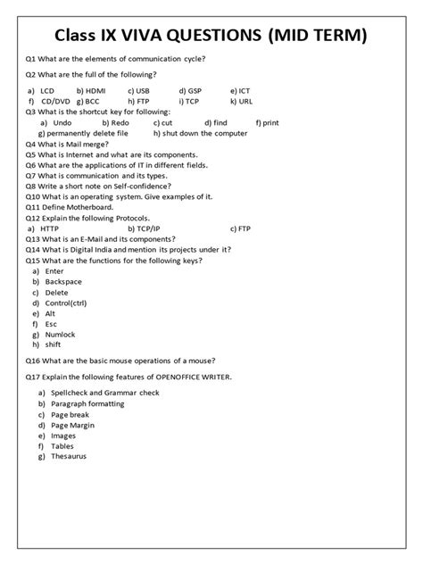 Class Ix Viva Questions Pdf
