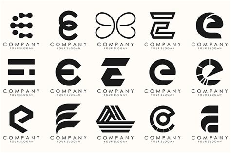 편지 E 추상 로고 디자인 기호의 컬렉션입니다 문자가 있는 기하학적 로고 메가 컬렉션 0명에 대한 스톡 벡터 아트 및 기타