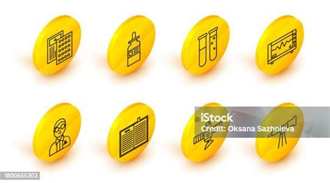 세트 라인 망원경 위성 오픈 사이언스 북 과학자 심장 검사 시험관 및 플라스크 화학 실험실 유리 병 피펫 및 알약 물집 팩 아이콘과 컴퓨터 모니터 벡터 3차원 형태에 대한