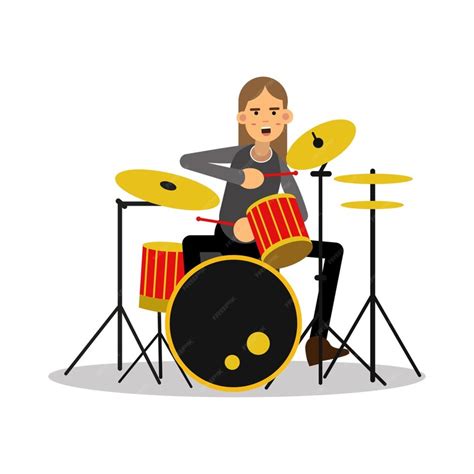 드럼 키트 만화 캐릭터 벡터 일러스트 레이 션 흰색 배경에 고립에서 연주 긴 머리카락을 가진 Mucisian 남자 프리미엄 벡터