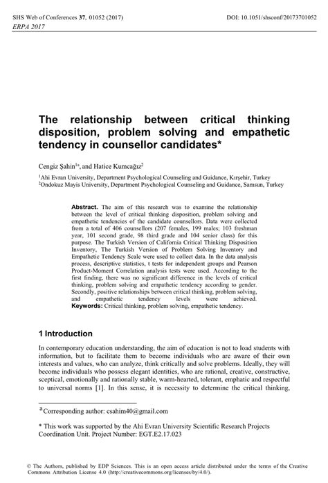 Pdf The Relationship Between Critical Thinking Disposition Problem Solving And Empathetic