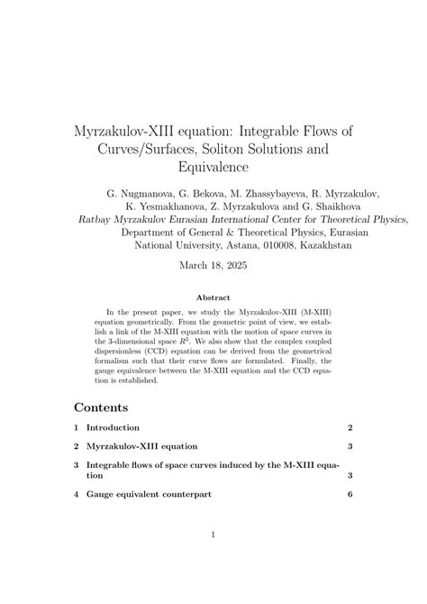 Pdf Myrzakulov Xiii Equation Integrable Flows Of Curvessurfaces Soliton Solutions And