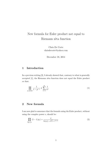 Pdf New Formula For Euler Product Not Equal To Riemann Zèta Function