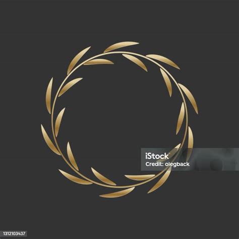 골든 월계수 화환 라운드 프레임 골드 잎 서클 어워드 로고 또는 엠블럼 벡터 일러스트레이션이 있는 링 기념일 결혼식 회색 배경에 고립 된 상 로마 원형 배지 그리스 문화에