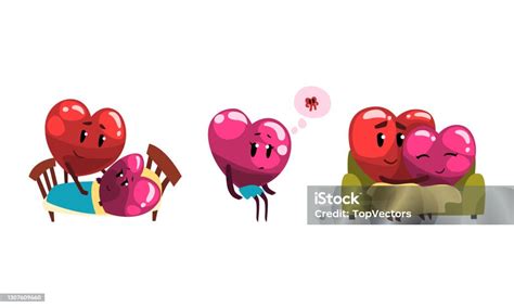 소파에 앉아 최고의 반 벡터 세트의 생각을 포용 귀여운 인간화 심장 캐릭터 가공의 인물에 대한 스톡 벡터 아트 및 기타 이미지 가공의 인물 귀여운 독일 Istock