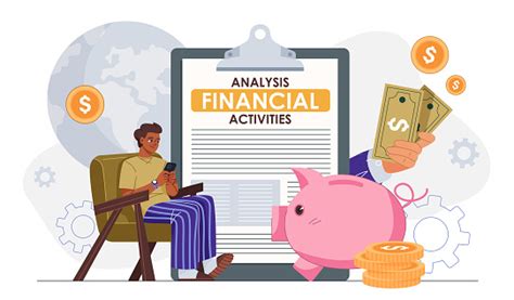 재무 활동을 분석합니다 돼지 저금통 근처에 전화기를 가진 남자 금융 이해력 및 비용 및 수입 평가 예산 책정 및 회계 사업가 또는 투자자 플랫 벡터 일러스트 레이 션 공부에