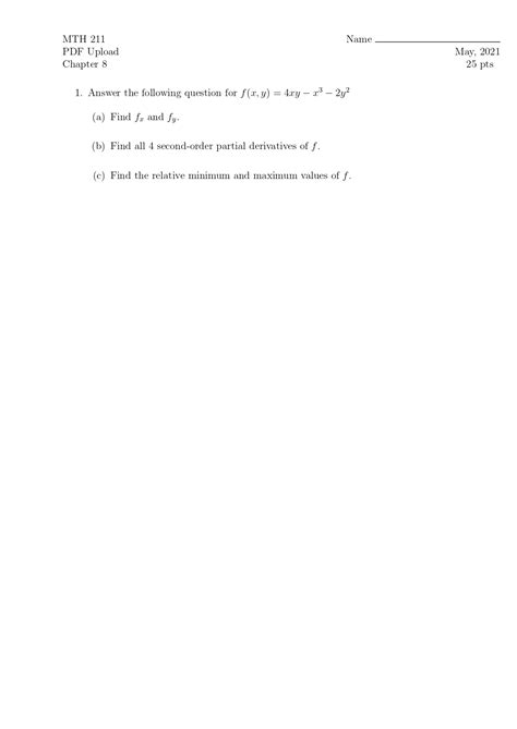 Solved 1 Answer The Following Question For F X Y 4 X