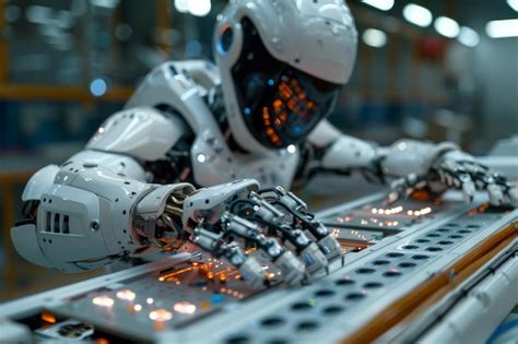 Premium Photo White Robot Assembling Electronic Components On A Factory Line