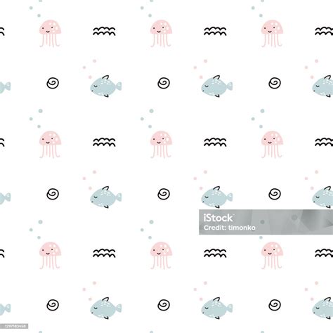 귀여운 해저 주민과 해양 원활한 패턴 문어와 물고기 창조적 인 유치한 배경 어린이 의류 직물 섬유 보육 장식 포장지에 적합합니다 벡터 일러스트 바다 0명에 대한 스톡 벡터