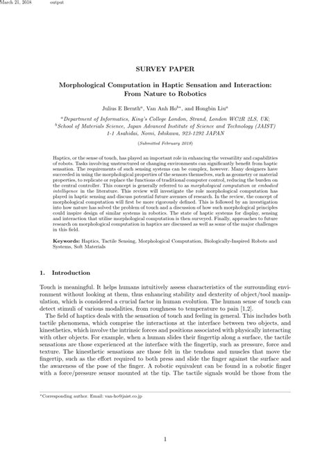Pdf Morphological Computation In Haptic Sensation And Interaction From Nature To Robotics