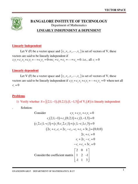 Linearly Independent And Dependent Pdf Vector Space Applied Mathematics