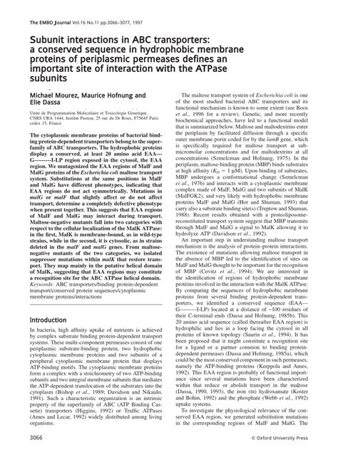 Pdf Subunit Interactions In Abc Transporters A Conserved Sequence In Hydrophobic Membrane