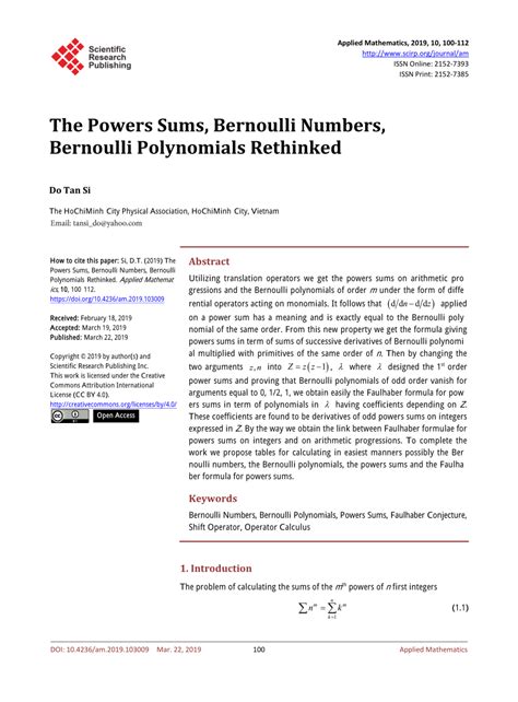 Pdf The Powers Sums Bernoulli Numbers Bernoulli Polynomials Rethinked