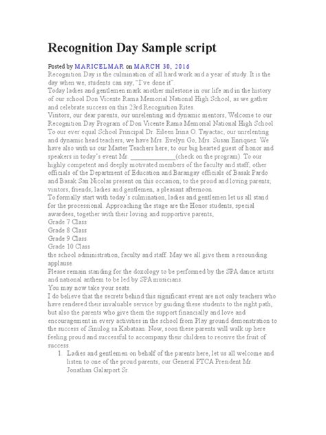 Recognition Day Sample Script Doc Schools Personal Growth