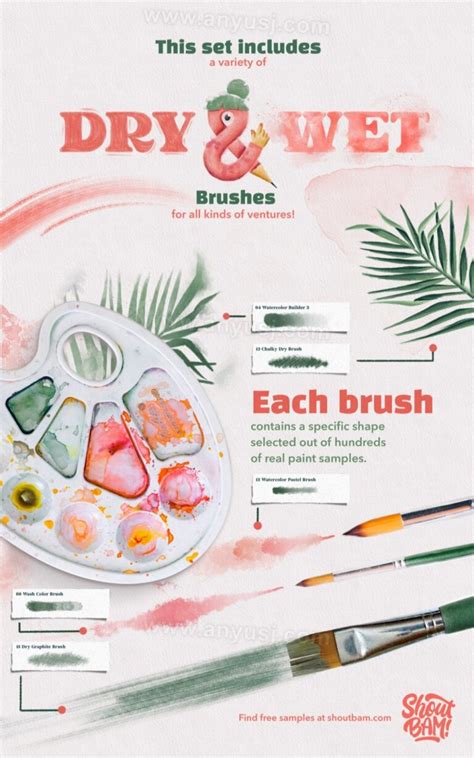 80款真实水彩水粉干湿飞溅斑点procreate绘画笔刷预设套装wet And Dry Procreate Brush Set 第9460期 安鱼设计资源丨优质平面设计资源共享站