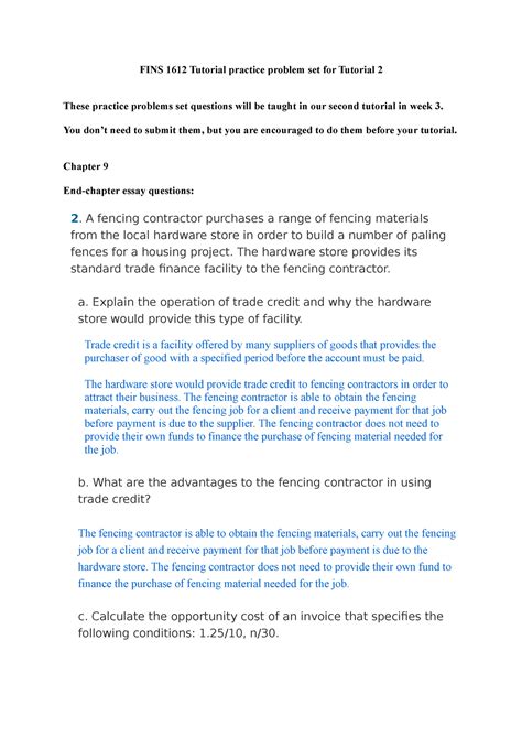 Solutions For Tutorial Practice Problem Set Tutorial 2 Fins 1612 Tutorial Practice Problem Set