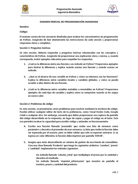 Examen Parcial Pdf Python Lenguaje De Programación Programación De Computadoras