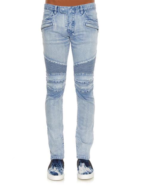 Balmain Skinny Leg Ripped Biker Jeans In Light Blue Blue For Men Lyst