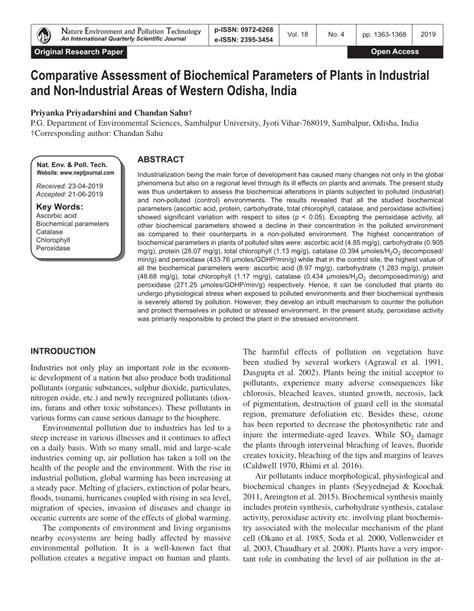 Pdf Comparative Assessment Of Biochemical Parameters Of Plants In Industrial And Non