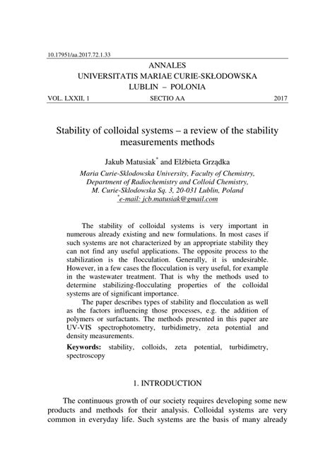 Pdf Stability Of Colloidal Systems A Review Of The Stability