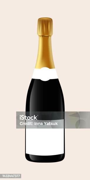 황금 호일과 빈 라벨이있는 알코올 음료 병 샴페인 병 모형 벡터 일러스트레이션 가득 찬에 대한 스톡 벡터 아트 및 기타 이미지 가득 찬 건강관리와 의술 검은색