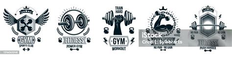 피트니스 스포츠 엠블럼 로고 또는 바벨 아령 케틀벨과 근육 남자 실루엣 벡터 세트 운동 운동 활성 라이프 스타일 테마 스포츠 클럽 또는 대회 상 포스터