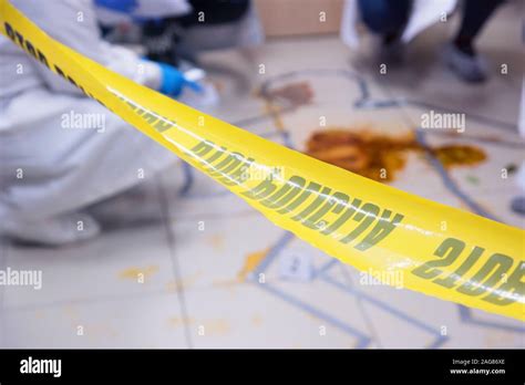 Forensic Technicians Taking Dna Sample From Blood Stain With Cotton