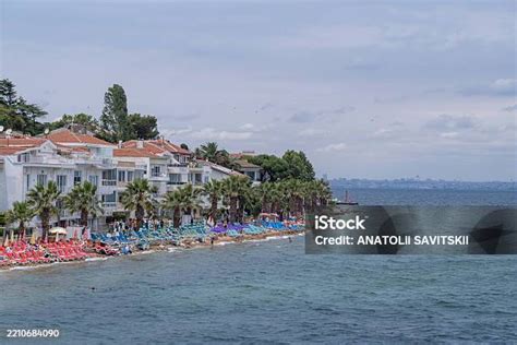 흐린 하늘 아래 화려한 선베드와 무성한 야자수가 있는 프린스 아일랜드의 생생한 해변 전망 건물 외관에 대한 스톡 사진 및 기타 이미지 건물 외관 관광 관광객 Istock