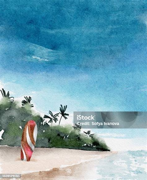 수채화 손 그리기 여름 바다 서핑 배경 여름 분위기 포스터 카드 인쇄 엽서 전단지 배너 광고 마케팅 상점에 사용 서핑 수상