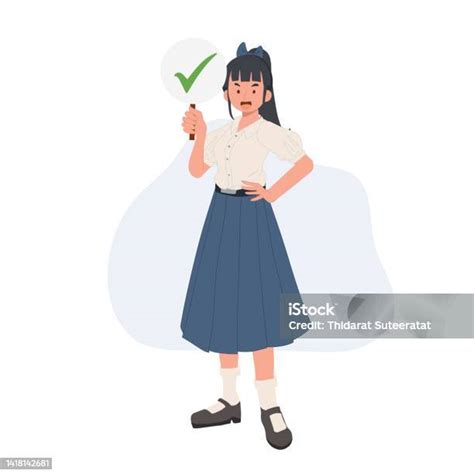 교복을 입은 아시아 학생 태국 학생 소녀가 올바른 표지판을 들고 있습니다 확인 표시 참 벡터 일러스트 레이 션 고등학교에 대한 스톡 벡터 아트 및 기타 이미지 Istock