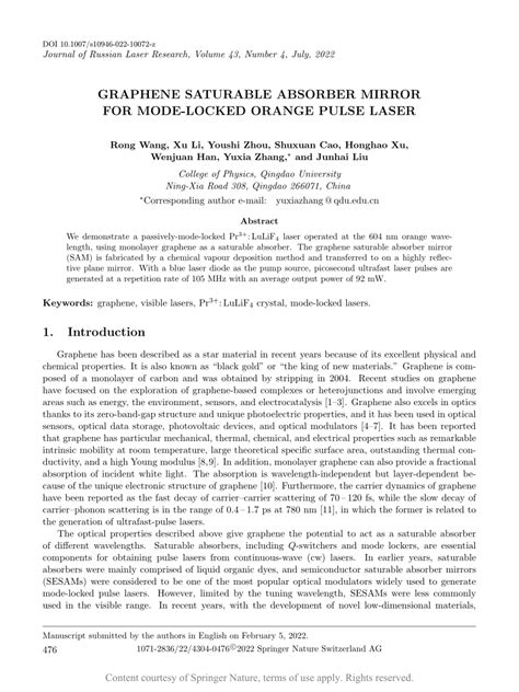 Graphene Saturable Absorber Mirror For Mode Locked Orange Pulse Laser Request Pdf