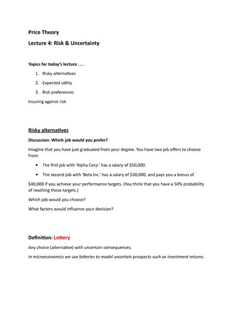 Price Theory Week Notes Lec Summary Price Theory Lecture Risk Uncertainty Topics For