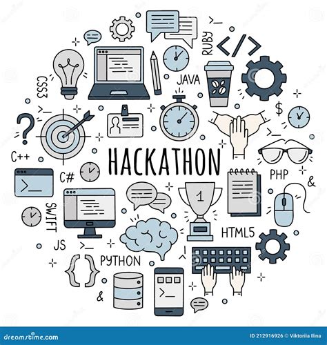 Hackathon And Datathon Set Of Doodle Style Icons Stock Vector Illustration Of Computer