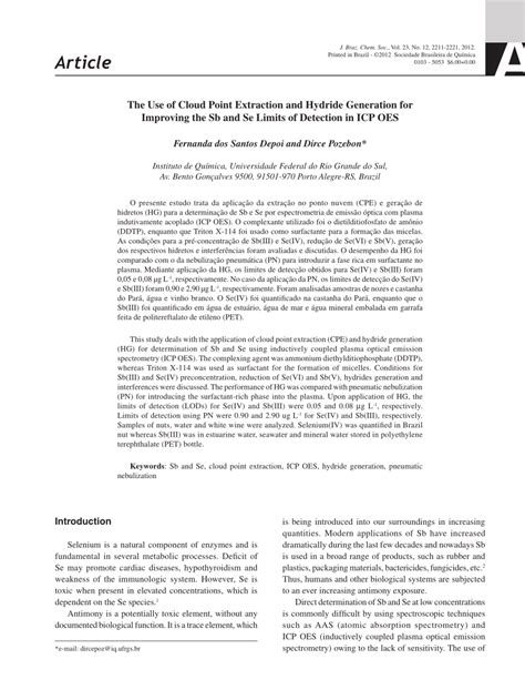 Pdf The Use Of Cloud Point Extraction And Hydride Generation For Improving The Sb And Se
