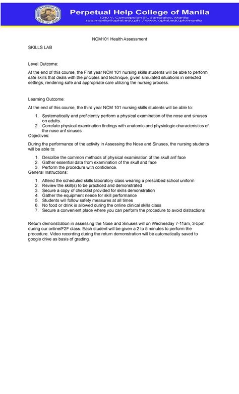 Assessing Nose And Sinuses Checklist Ncm101 Health Assessment Skills