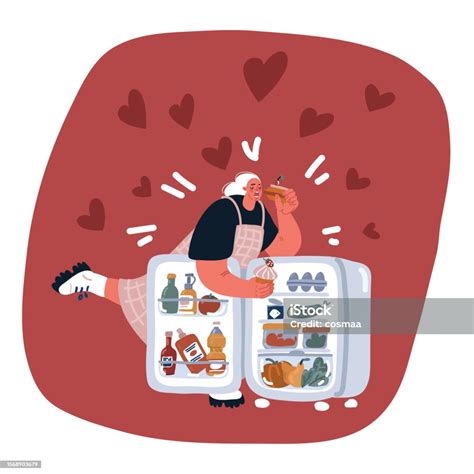 냉장고가 열리는 동안 과자를 먹는 배고픈 여자의 벡터 삽화 음식에 대한 스톡 벡터 아트 및 기타 이미지 음식 중독 가정 생활 Istock