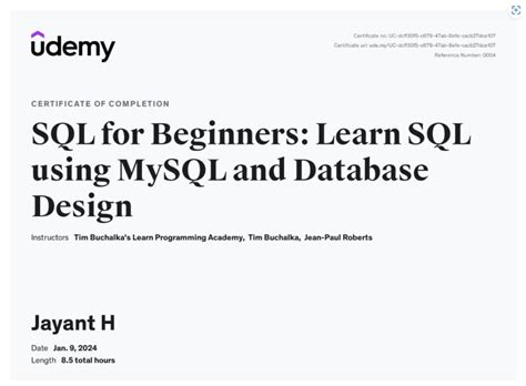 Jayant Hariharan On Linkedin Hi Guys I Successfully Completed My Sql For Beginners In Udemy