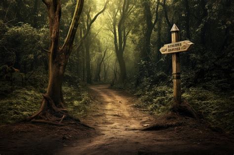 premium photo wooden signpost in the forest with fog halloween
