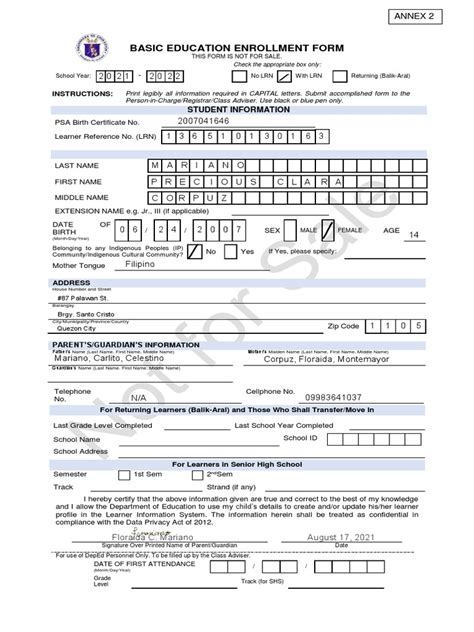 Basic Education Enrollment Form Pdf