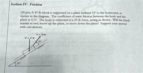 Section Iv Friction 30 Pts A 47 Lb Block Is Supported On A Plane Inclined 33 To The Horizontal