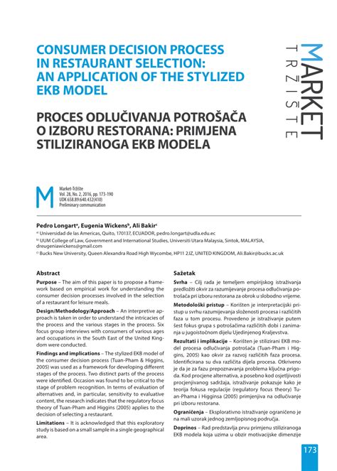 Pdf Consumer Decision Process In Restaurant Selection An Application
