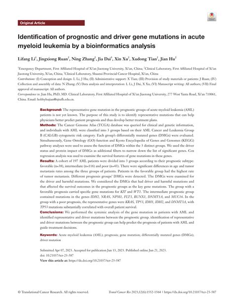 Pdf Identification Of Prognostic And Driver Gene Mutations In Acute Myeloid Leukemia By A