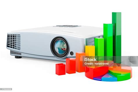 성장 막대 그래프와 파이 차트가 있는 프로젝터 3d 렌더링 3차원 형태에 대한 스톡 사진 및 기타 이미지 3차원 형태 개념